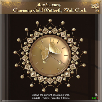Second Life Marketplace - Max Luxury - Charming Gold Butterfly Wall Clock